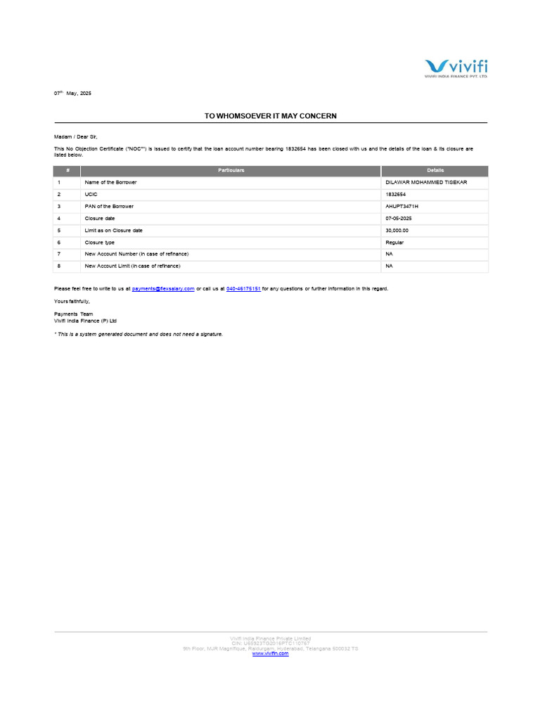 No Objection Certificate for Loan Closure | PDF