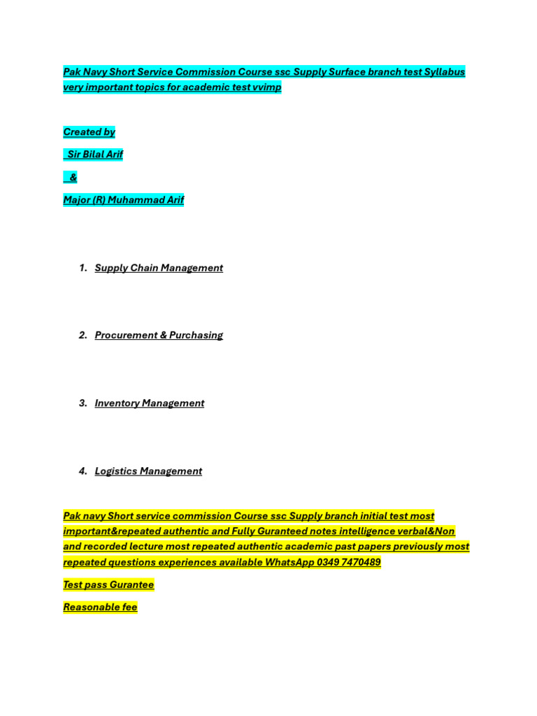 Pak Navy SSC Supply Logistic Branch Test Syllabus Vimp | PDF