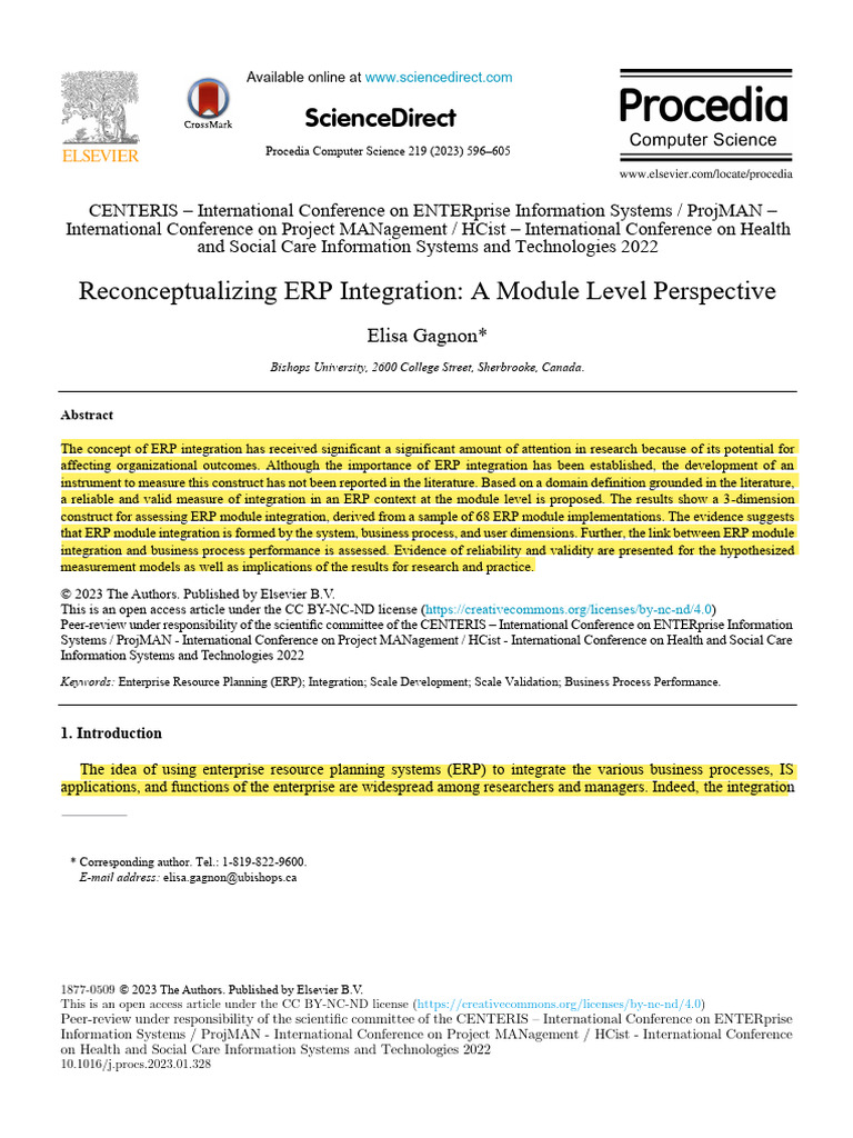 Reconceptualizing ERP Integration A Module Level Perspective | PDF ...