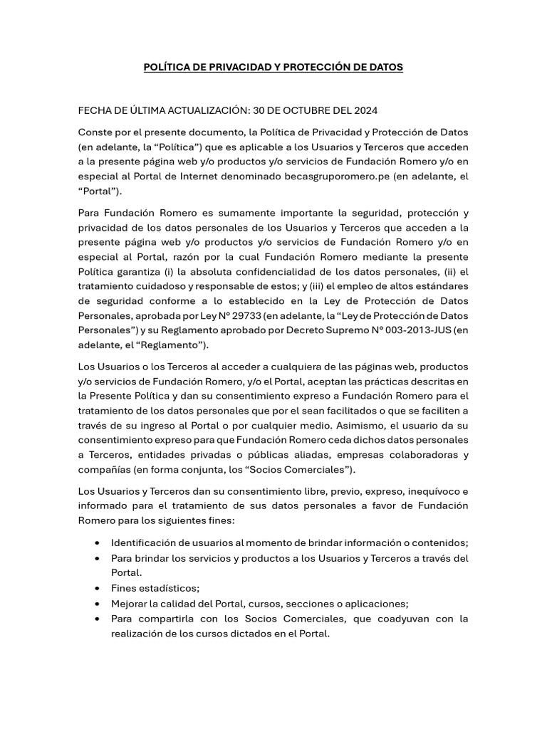 Politica de Privacidad y Proteccion de Datos Fundacion Romero V CGR 20241030 | PDF | Cookie HTTP ...