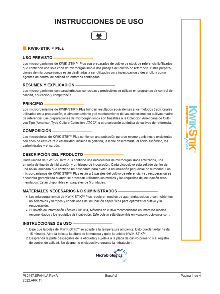 PI.2447.SPAN - LA KWIK STIK Plus IFU Revision A | PDF | Laboratorios