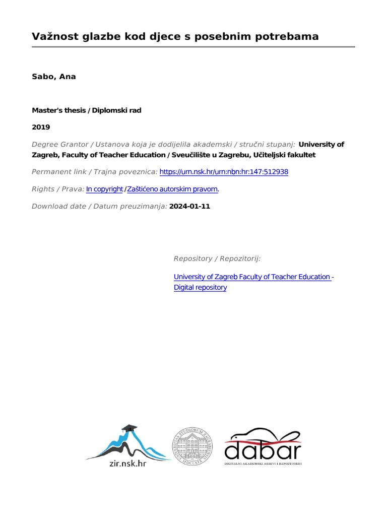 Vaznost Glazbe Kod Djece S Posebnim Potrebama Ana Sabo 2019 | PDF
