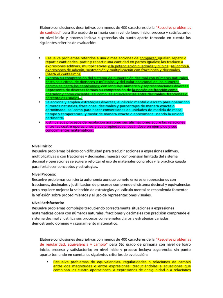 Elabore EJMconclusi Descri Matemá 5to | PDF | Decimal | Números