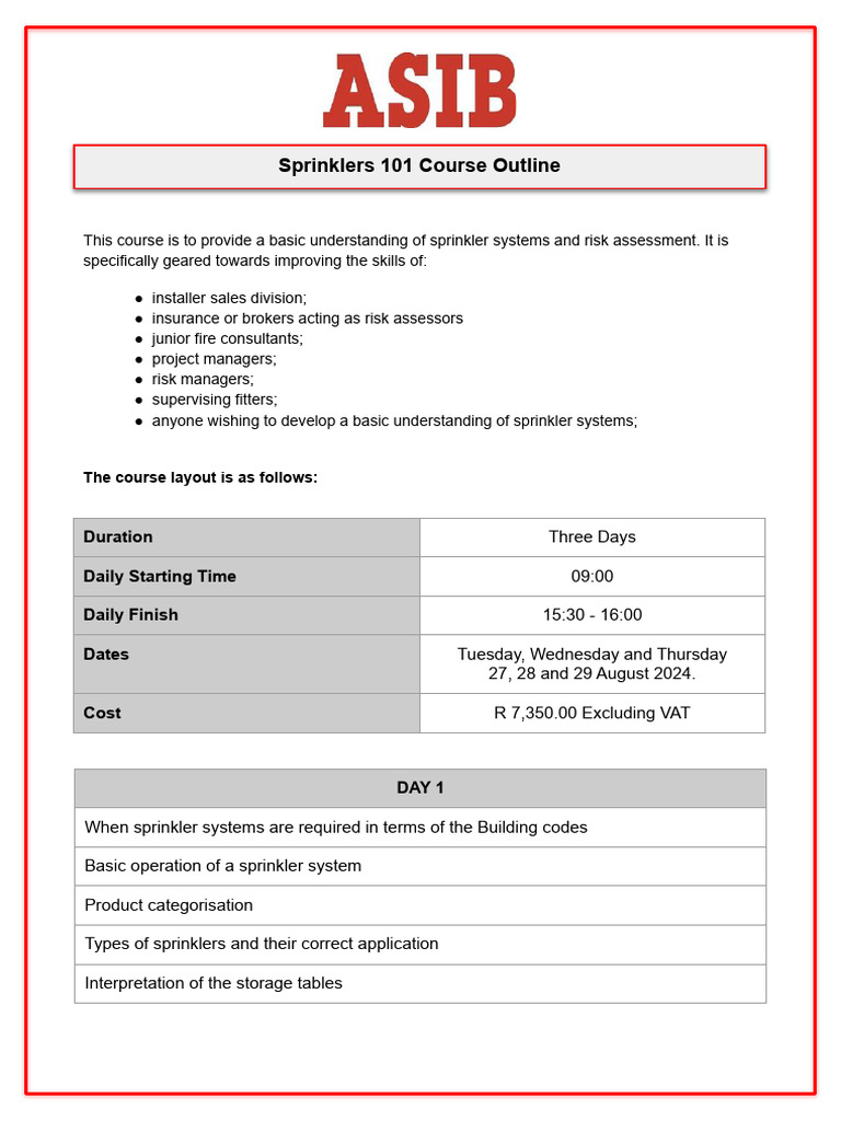 Sprinkler Systems Training Course Outline | PDF