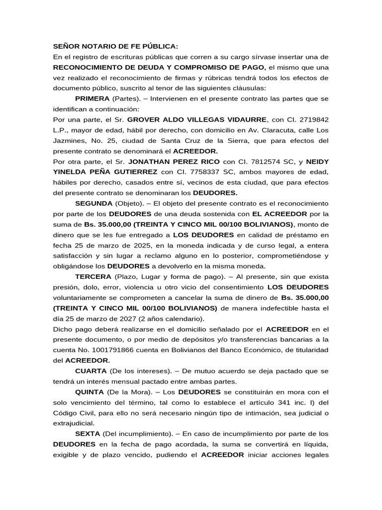 Contrato Rec Deuda Jonathan Perez (Barbería) Act. 25-03-2025 (Notaria) | PDF | Pagos