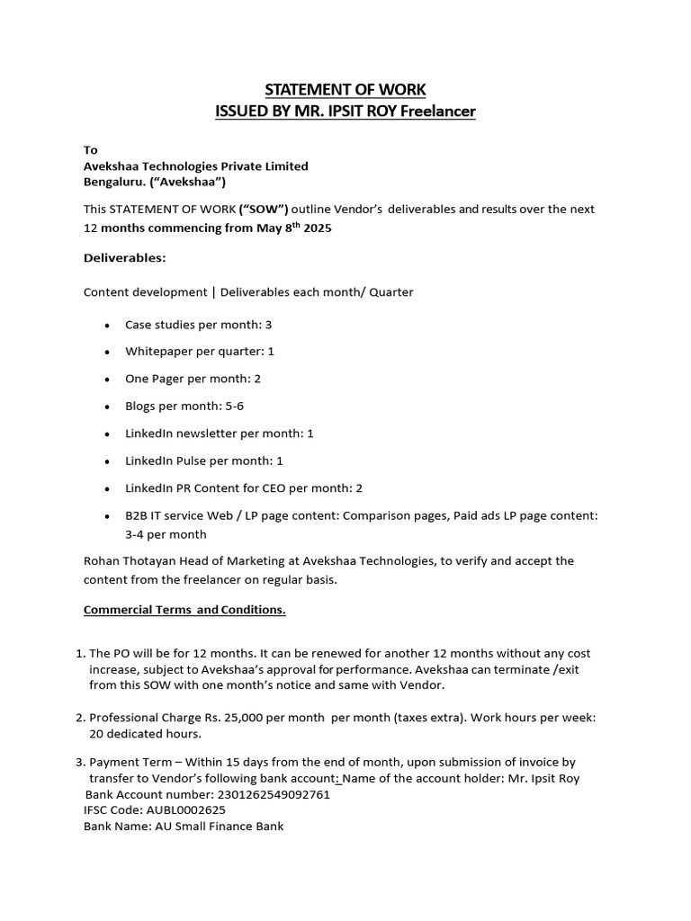 SOW - Freelancer - Ipsit Roy | PDF | Indemnity | Legal Liability