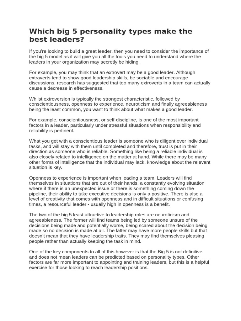 Which Big 5 Personality Types Make The Best Leaders | PDF ...