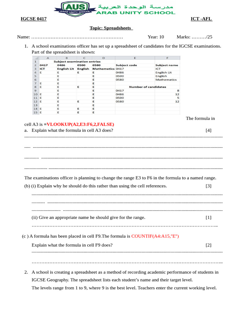 IGCSE ICT Spreadsheets Exam Guide | PDF