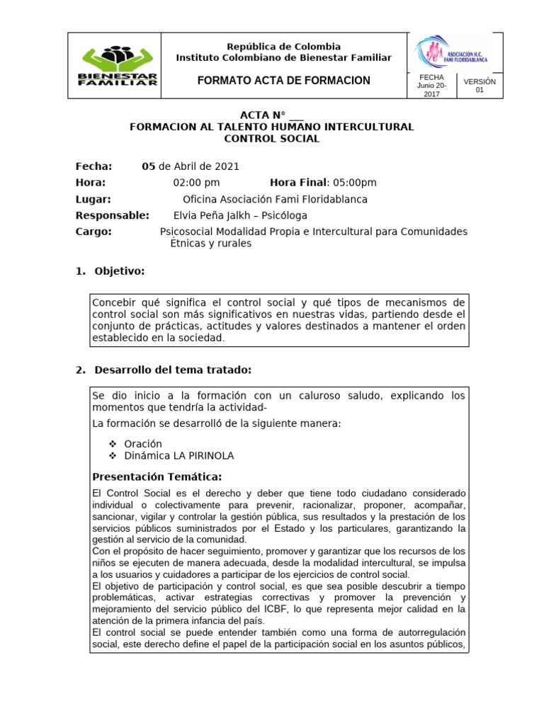 Acta Control Social 21 TH | PDF | Psicología Social