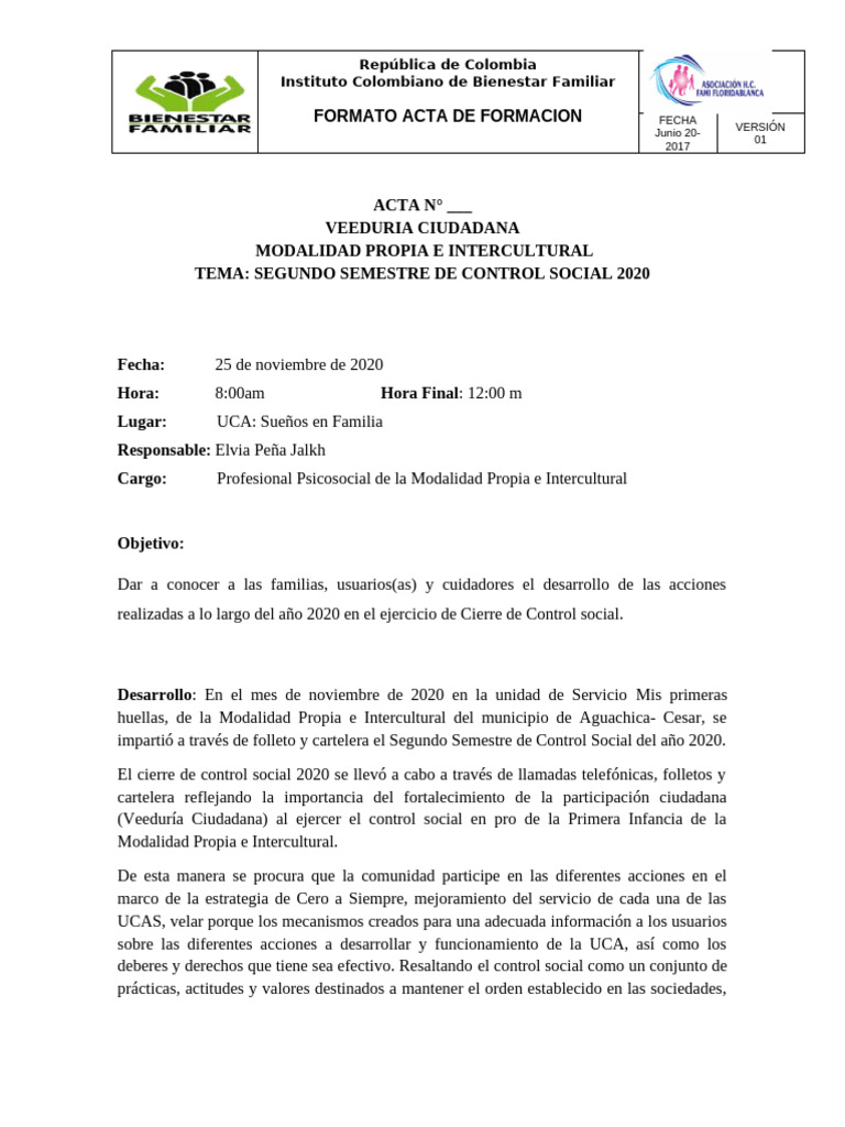 ACTA A FAMILIAS Segundo Semestre Control Social 2020 | PDF | Colombia | Participación pública