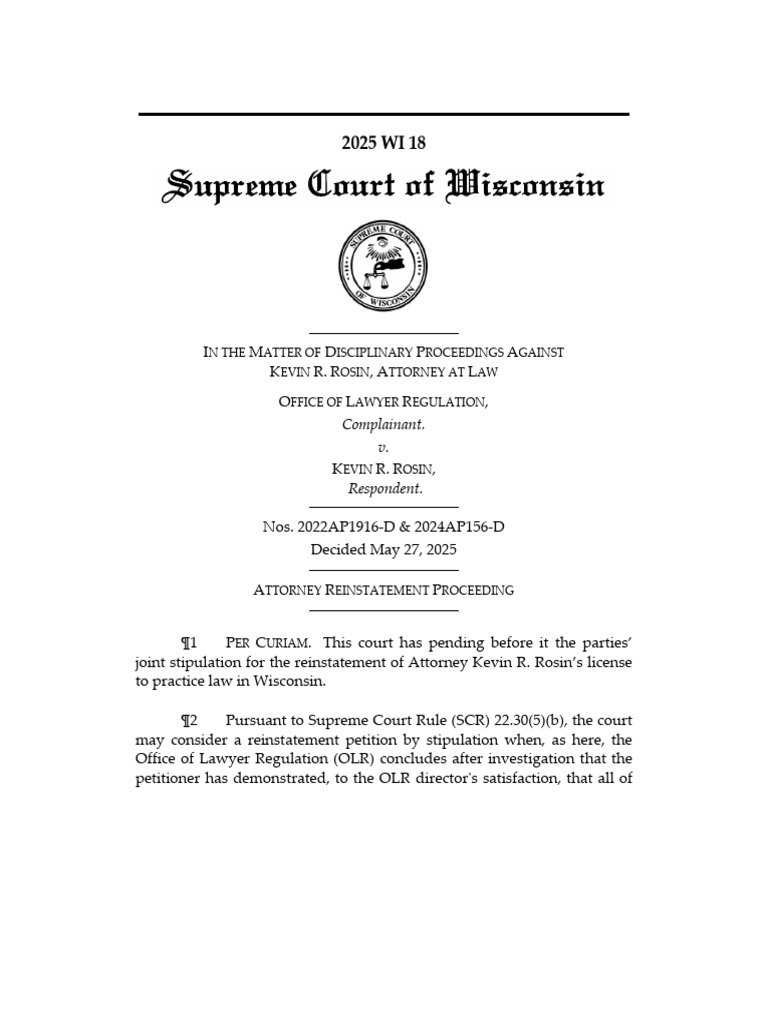Office of Lawyer Regulation v. Kevin R. Rosin 1 | PDF | Lawyer | Common Law