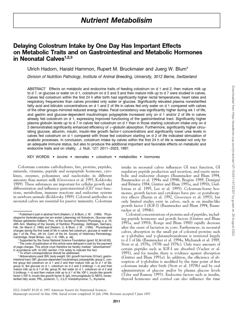 Delaying Colostrum Intake by One Day Has Important Effects 3r3xlap61l | PDF