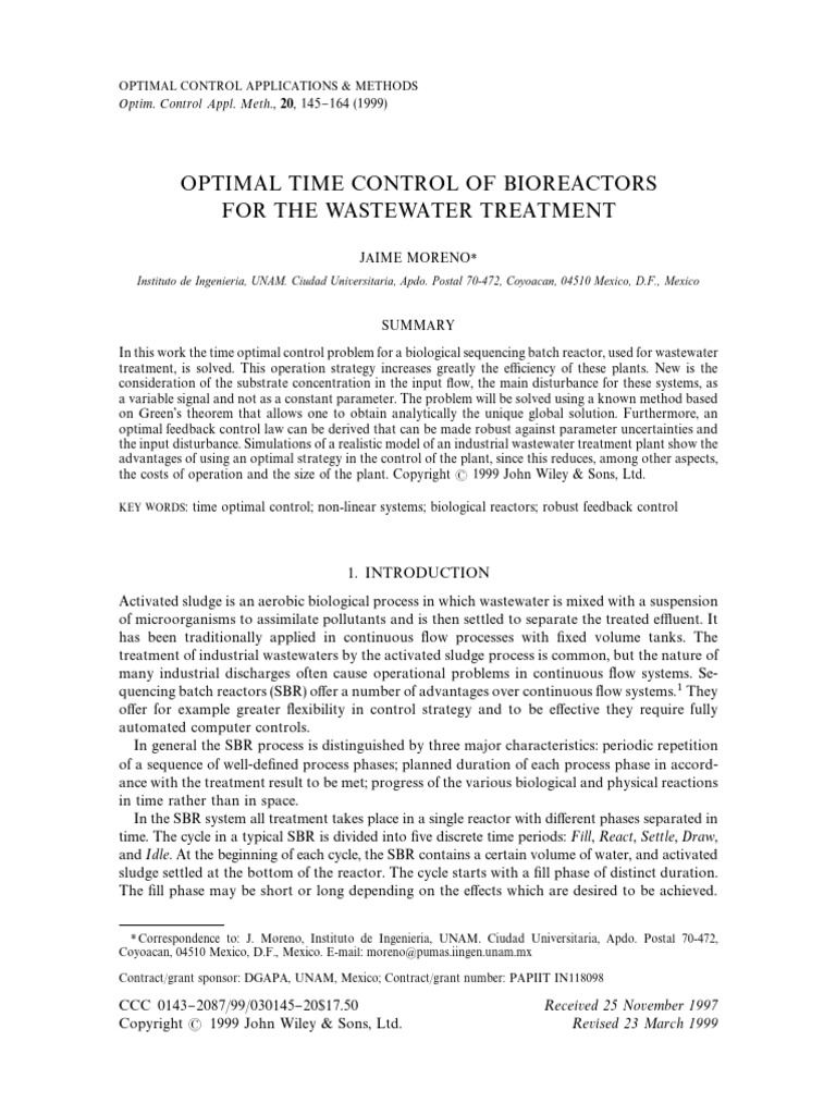 Optimal Control for Wastewater Bioreactors | PDF | Optimal Control | Mathematical Optimization