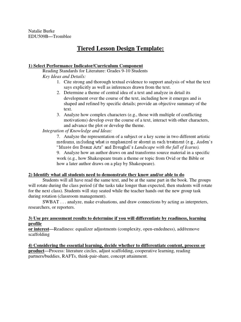 Tiered Lesson Design Template:: Key Ideas and Details | PDF | Education ...