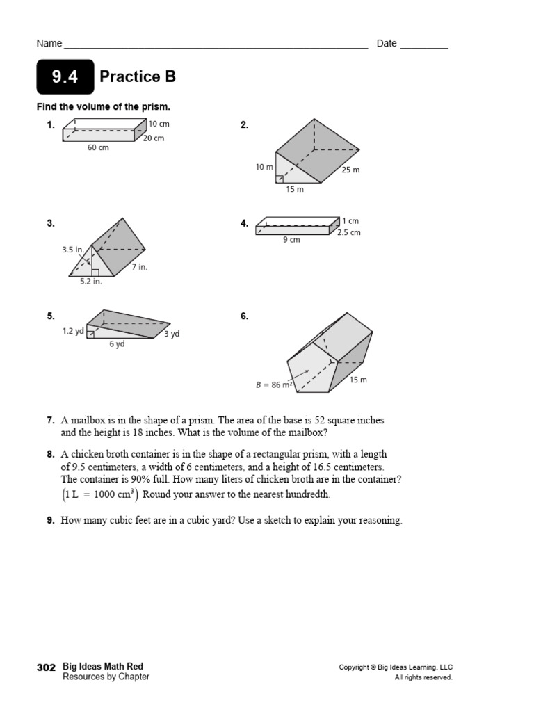9.4 Volumes of Prisms Practice B | PDF