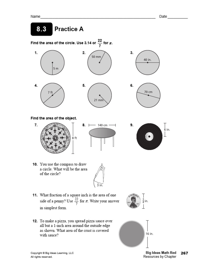 8.3 Area of Circles Practice A | PDF
