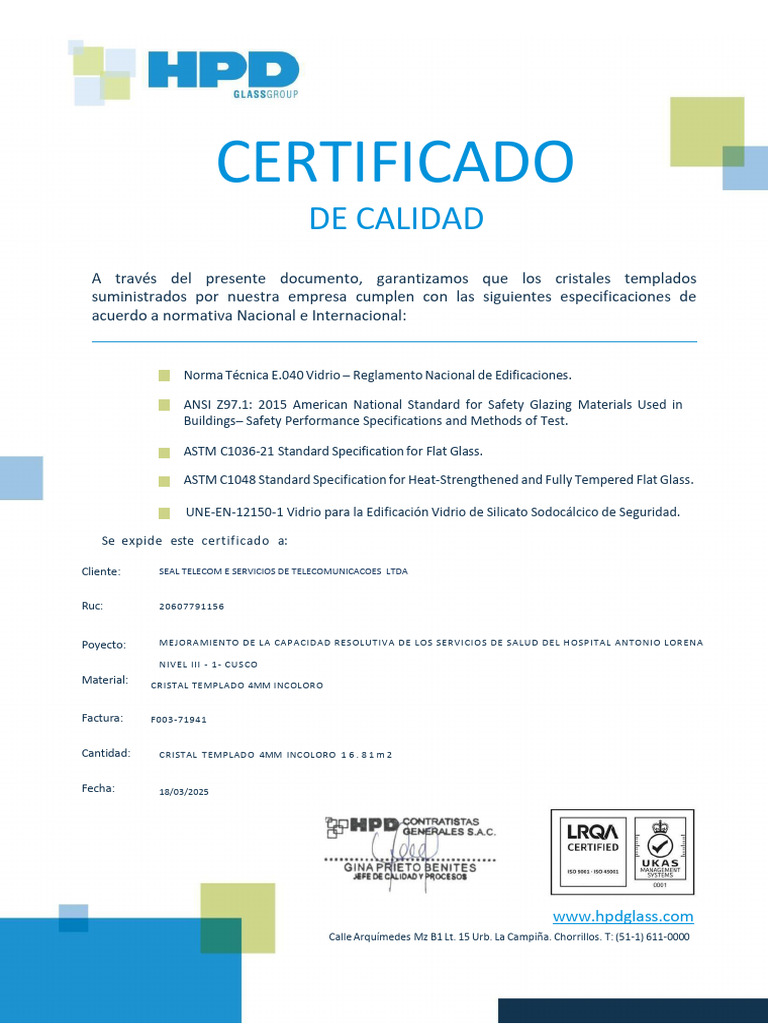 Certificado de Calidad Vidrio Templado Seal Telecom | PDF