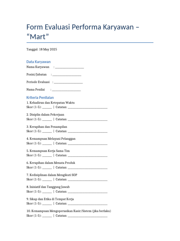 Form Evaluasi Karyawan Mart | PDF