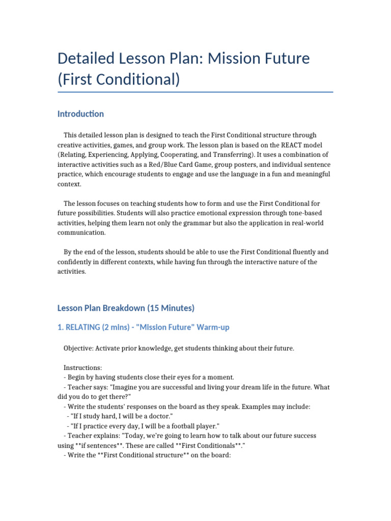First Conditional Lesson Plan | PDF | Lesson Plan | Learning