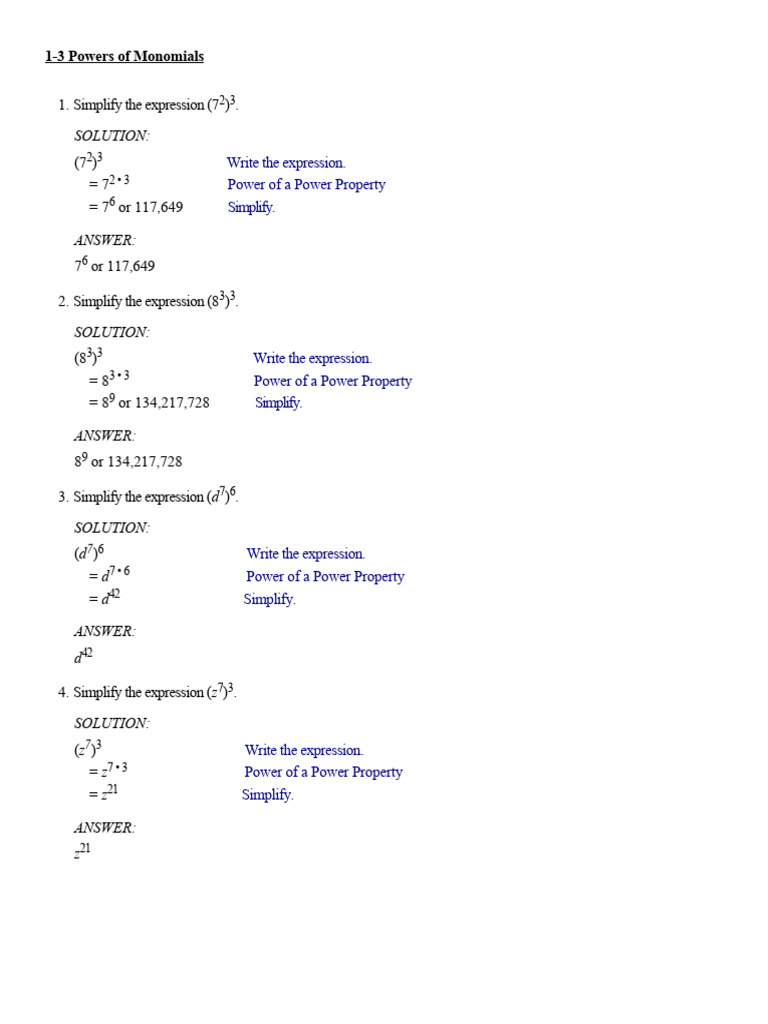 1 3 Powers of Monomials | PDF | Multiplication | Numbers