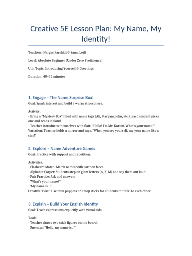 My Name, My Identity: Lesson Plan | PDF | Teachers | Communication