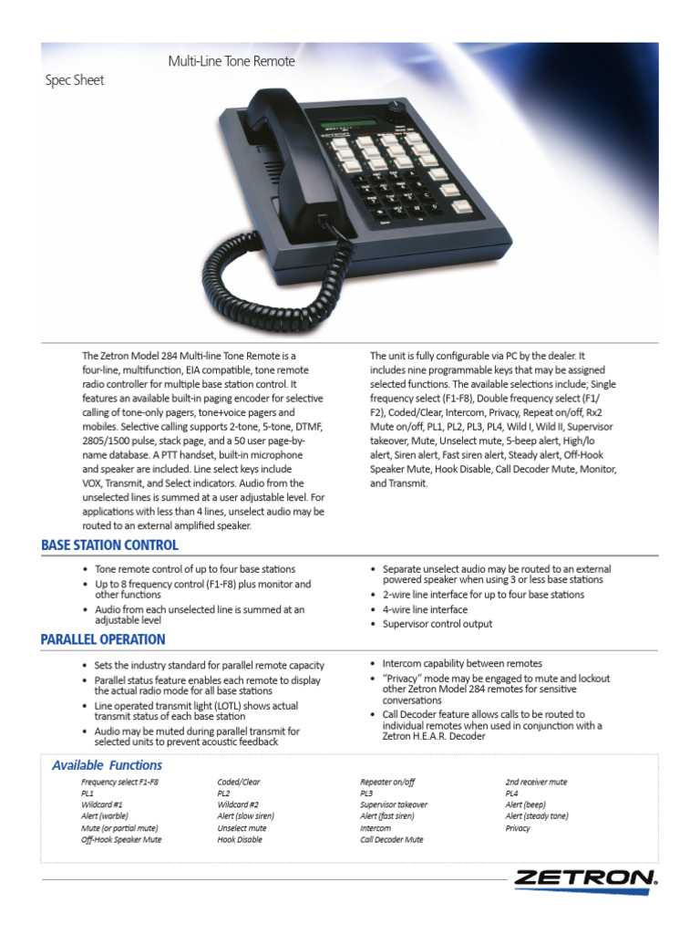 Zetron Model 284 spec sheet | PDF | Electronics | Electrical Engineering