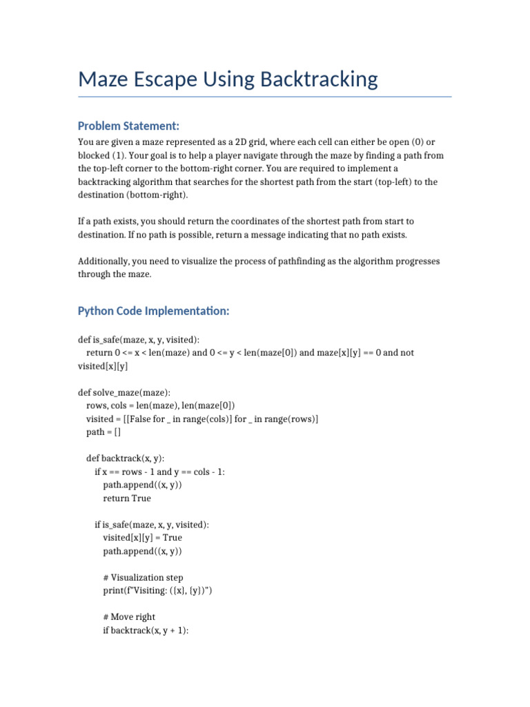 Maze Escape Backtracking Assignment | PDF | Computer Science | Computer Programming