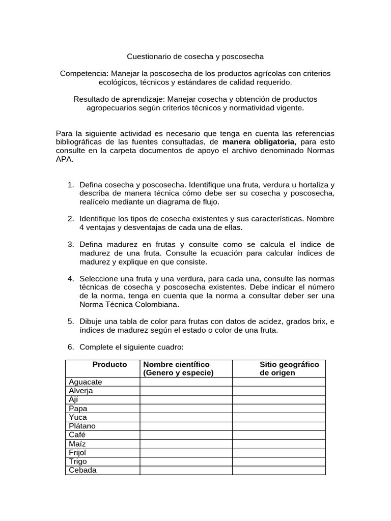 Cuestionario Cosecha y Poscosecha | PDF