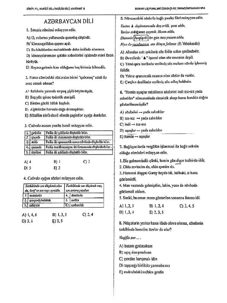 OTK 26 Yanvar 2025 11-Ci Sinif Buraxılış Sınağı | PDF