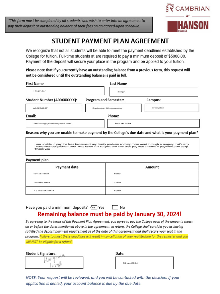 Payment Plan Agreement - W2024 | PDF | Fee