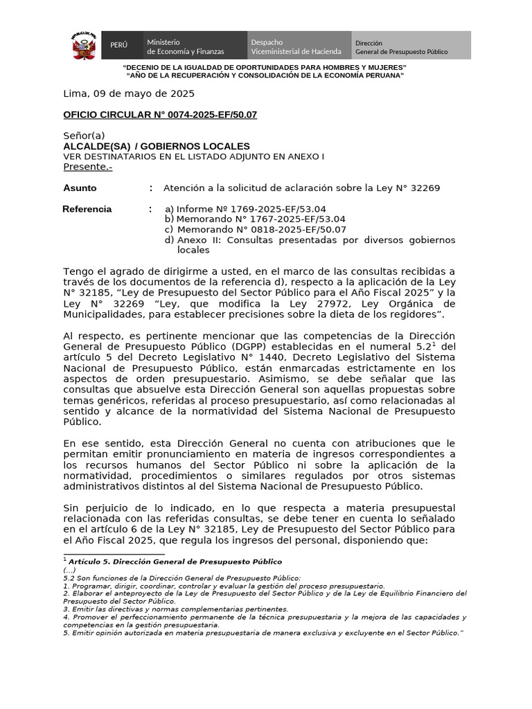 HR 069947 2025 Oficio Circular N 0074 2025 Ef 50 07 | PDF | Presupuesto | Presupuesto del gobierno