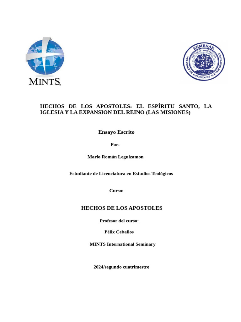 Hechos de Los Apostoles El Espiritu Santo La Iglesia y La Expancion Del Reino (Las Misiones ...