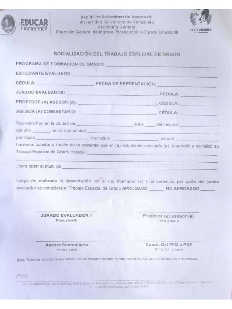 Acta de Socialización Del (TEG) Trabajo Especial de Grado | PDF