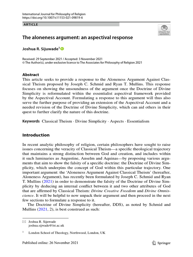 The Aloneness Argument An Aspectival Res | PDF | Theism | Essentialism