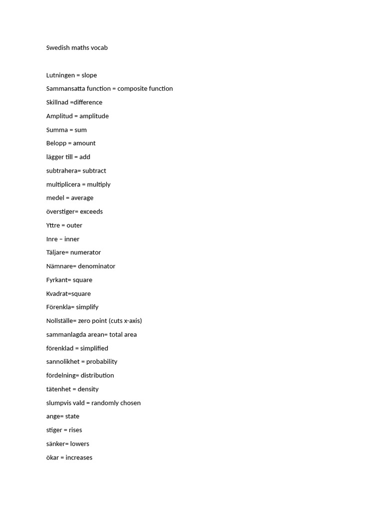 Swedish Maths Vocab | PDF