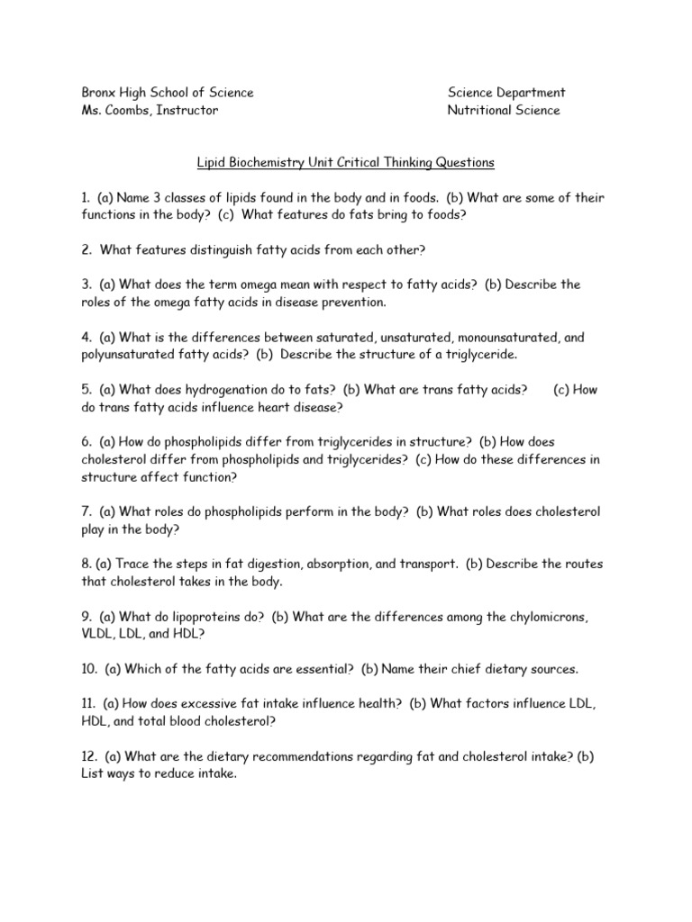Lipid Biochemistry Unit Critical Thinking Questions | PDF