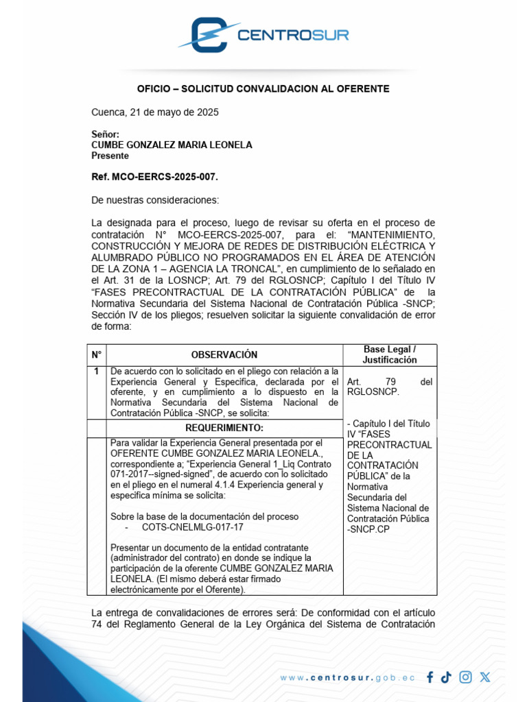 Oficio - Solicitud Convalidacion Al Oferente: Señor: Cumbe Gonzalez ...