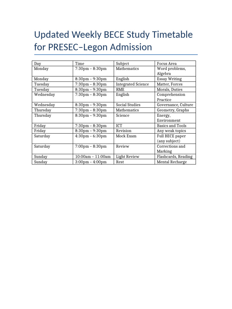 Updated BECE Study Timetable PRESEC | PDF
