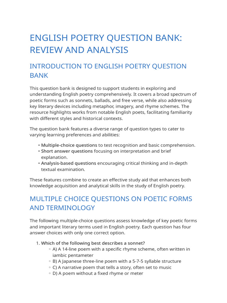 English Poetry Study Questions | PDF | Poetry | English Poetry