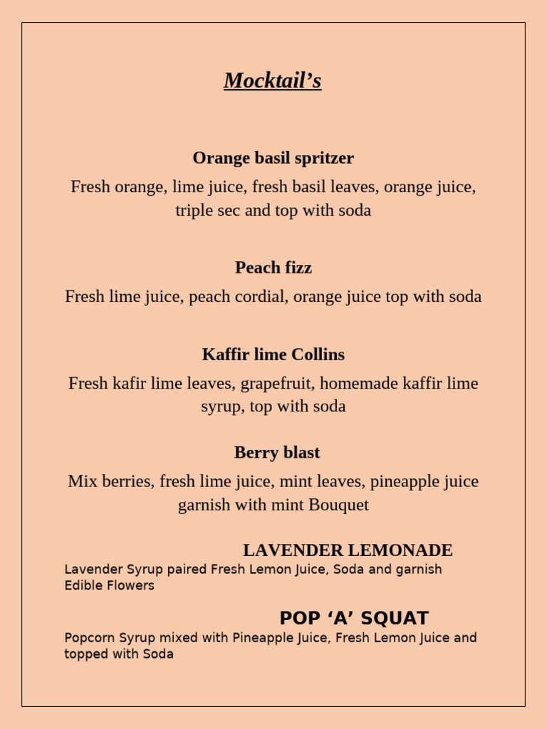 Mocktail Menu for 25th May 2025 (004) | PDF | Juice | Diet & Nutrition
