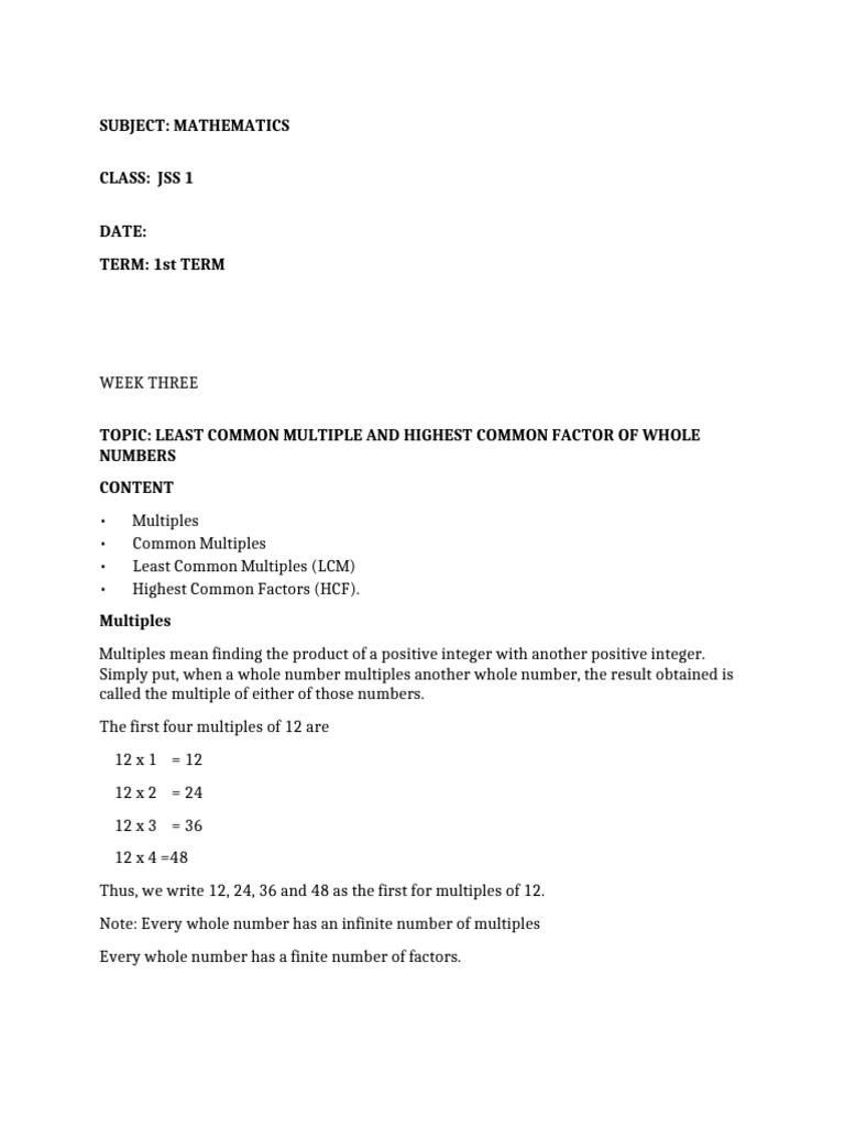 Least Common Multiple and Highest Common Factor of Whole Numbers | PDF ...
