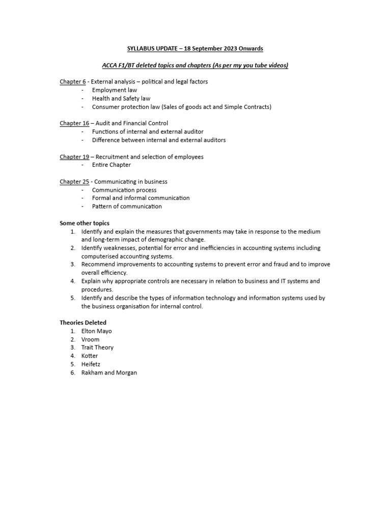 ACCA F1 Syllabus Change 2023-24 | PDF