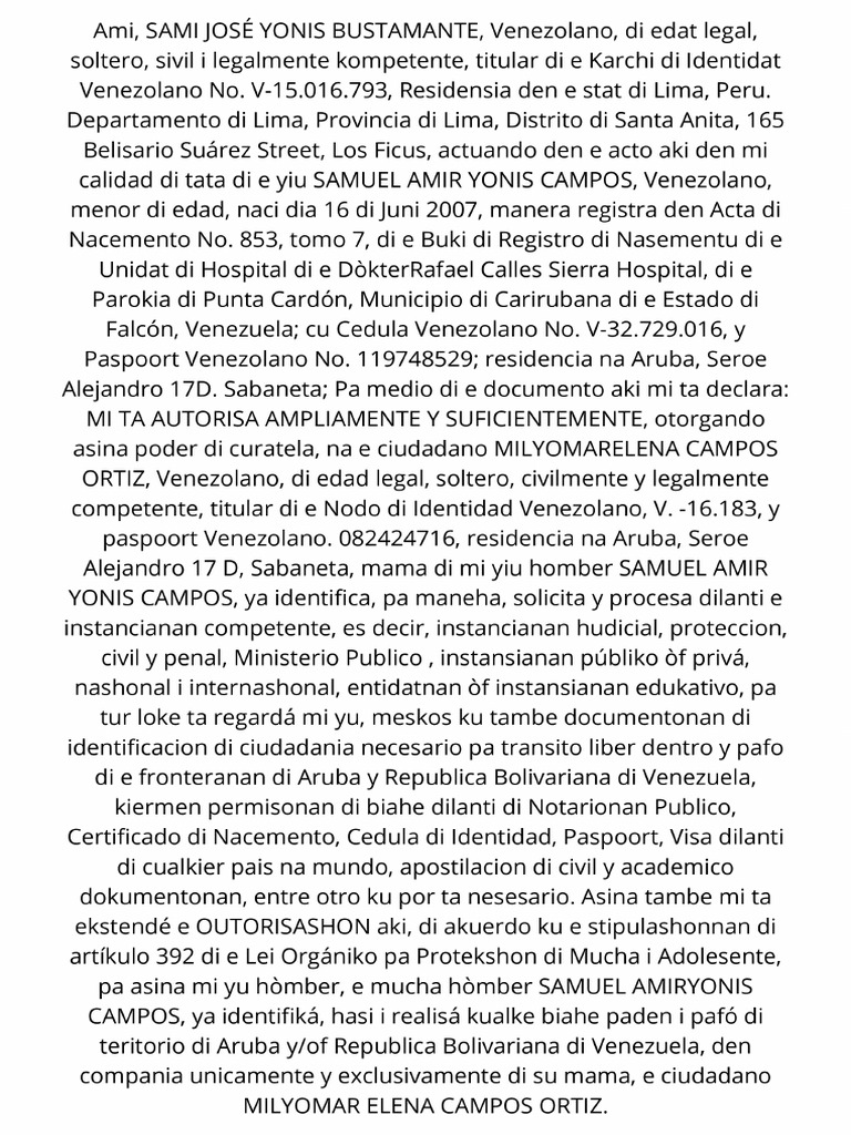 Ami, SAMI JOSÉ YONIS BUSTAMANTE, Venezolano, di edat legal, soltero ...