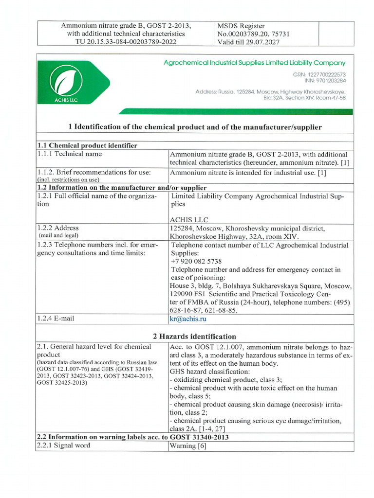 MSDS An - Ldan - Acron | PDF