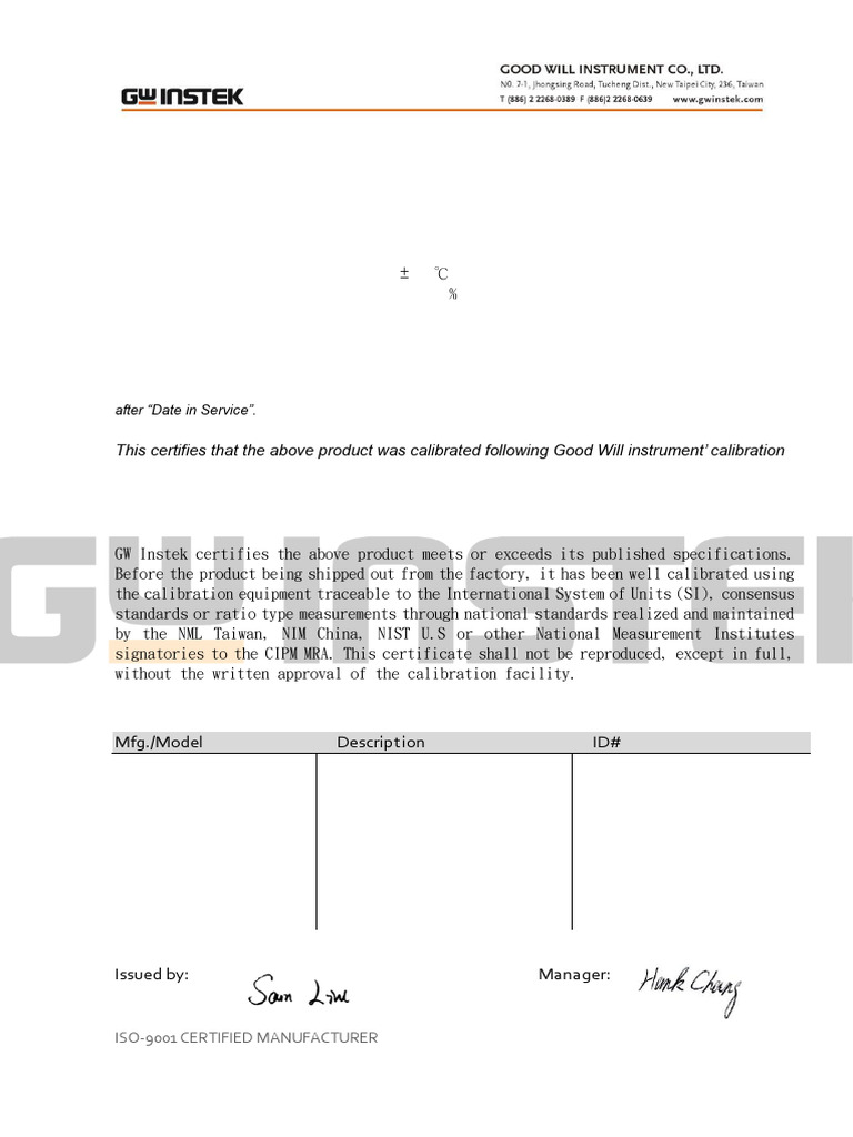 GW Instek GPE-3323 Calibration Certificate | PDF