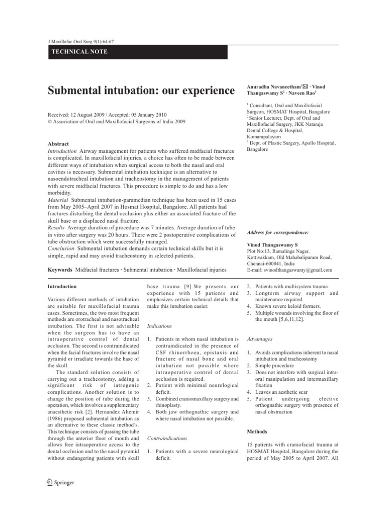 Submental Intubation: Our Experience Articulo 2010 | PDF | Surgery ...