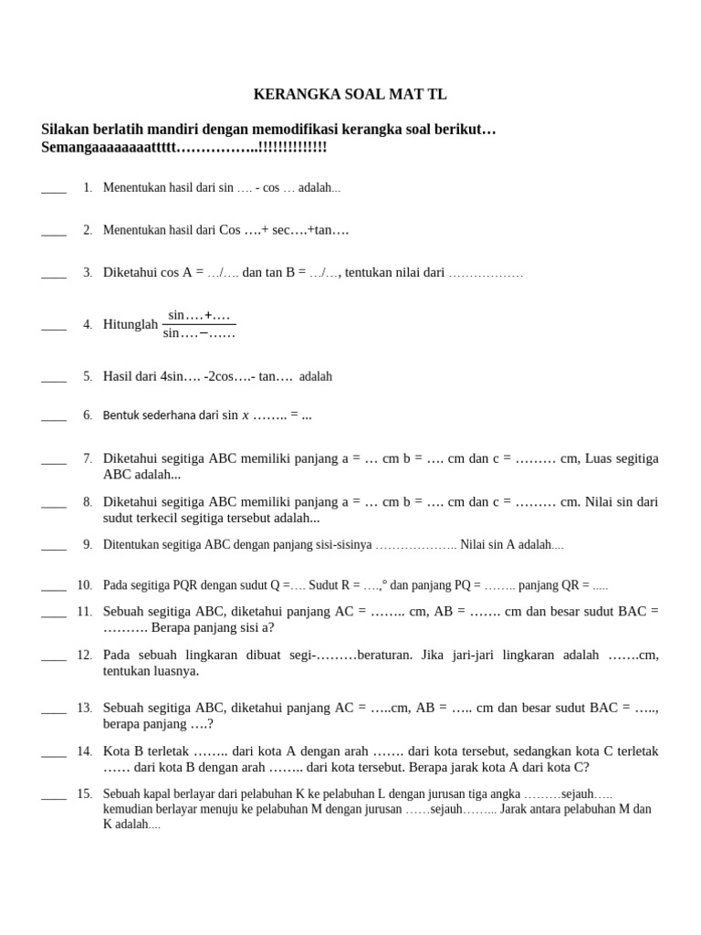 Kerangka Soal Mat TL SMT 2 | PDF