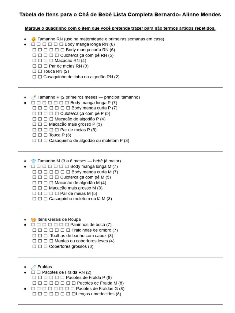 Tabela de Itens para o Chá de Bebê Lista Completa Bernardo- Alinne Mendes | PDF | Implementos ...