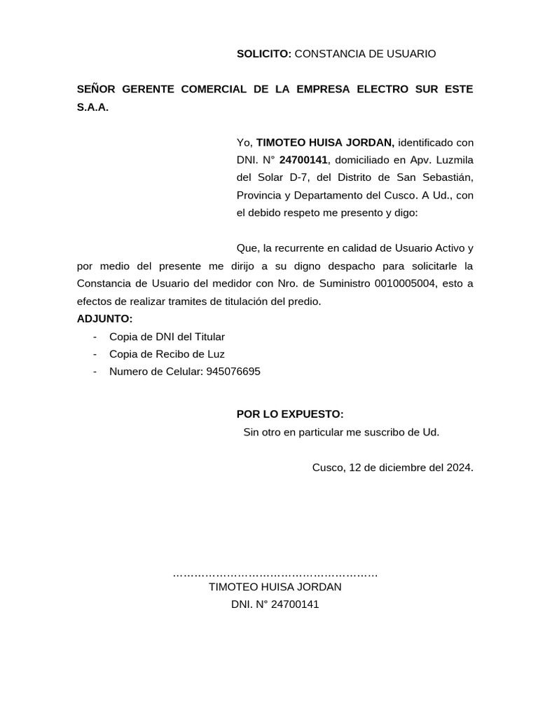Solicitud Constancia de Usuario Electro y Seda Cusco | PDF | Autenticación