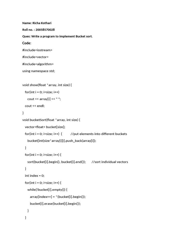 Assignment7 - Bucket Sort (20058570055) | PDF